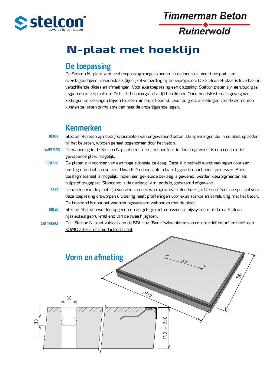 Stelcon N-plaat hoeklijn glad 200x200x14cm » Timmerman Beton